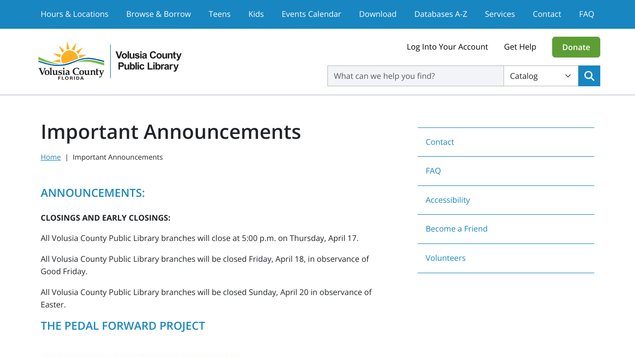 Important Announcements | Volusia County Public Library